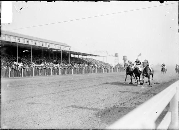ECC | [Hawthorne Race Track, three horses running neck-and-neck pa